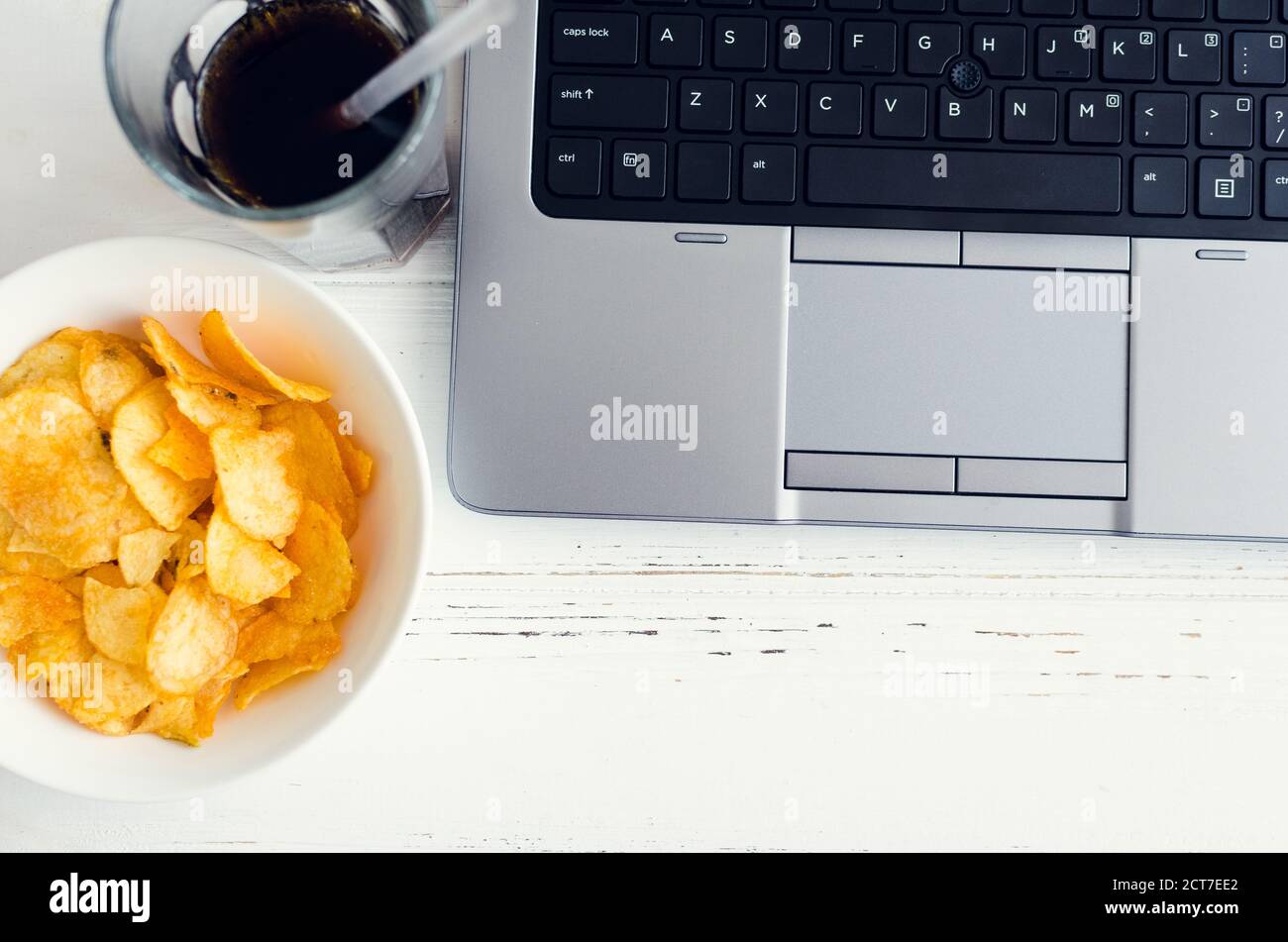 Working at home and snacks. Home office with unhealthy lifestyle ...