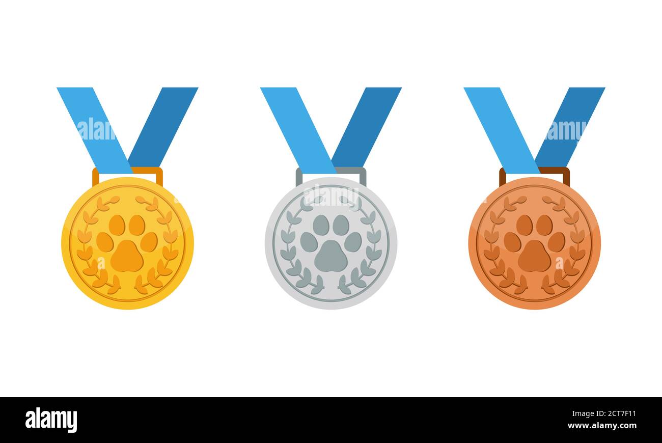 Coin gold, silver and bronze medal with paw icon. Paw print. Animal ...