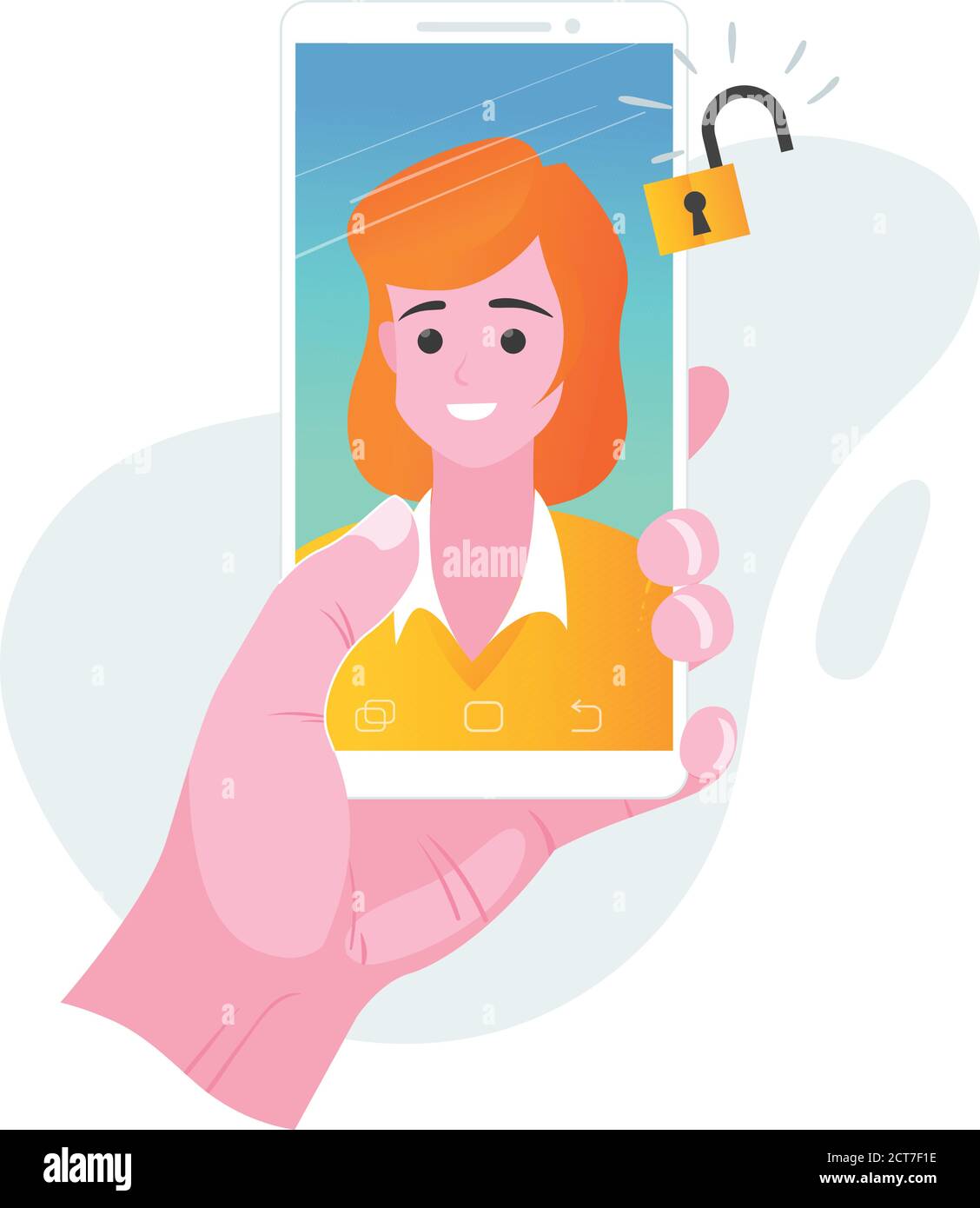 Face recognition concept. Hand holding smart phone. Technology vector ...