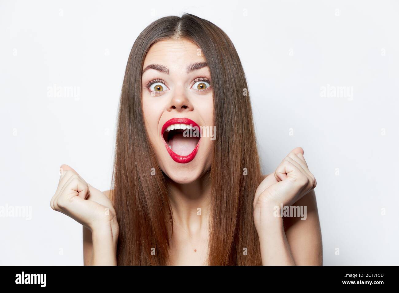 woman Delight emotion wide open mouth charming look Stock Photo - Alamy
