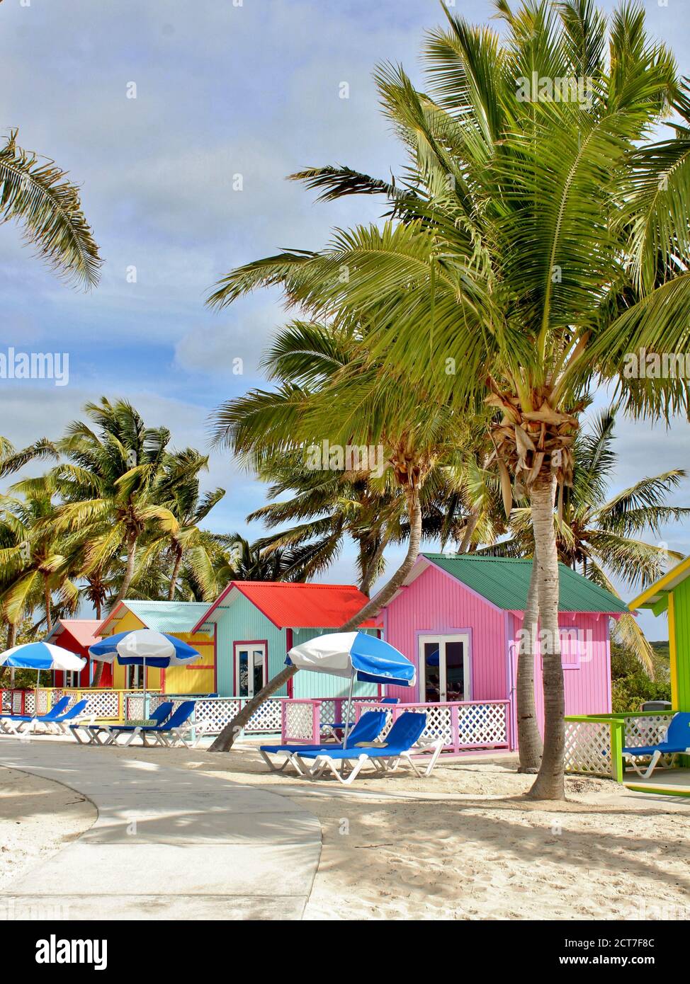 Beach Cabanas, lounge chairs, and palm trees along the beach in ...