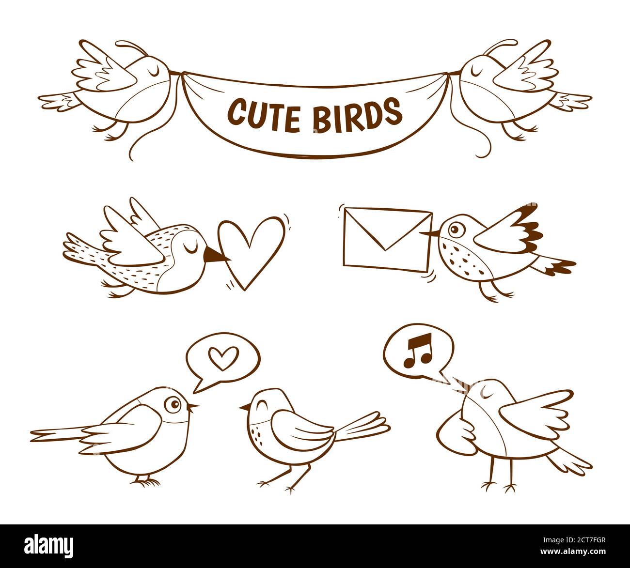Hand drawn cute bird icons, isolated on white background. Vector ...