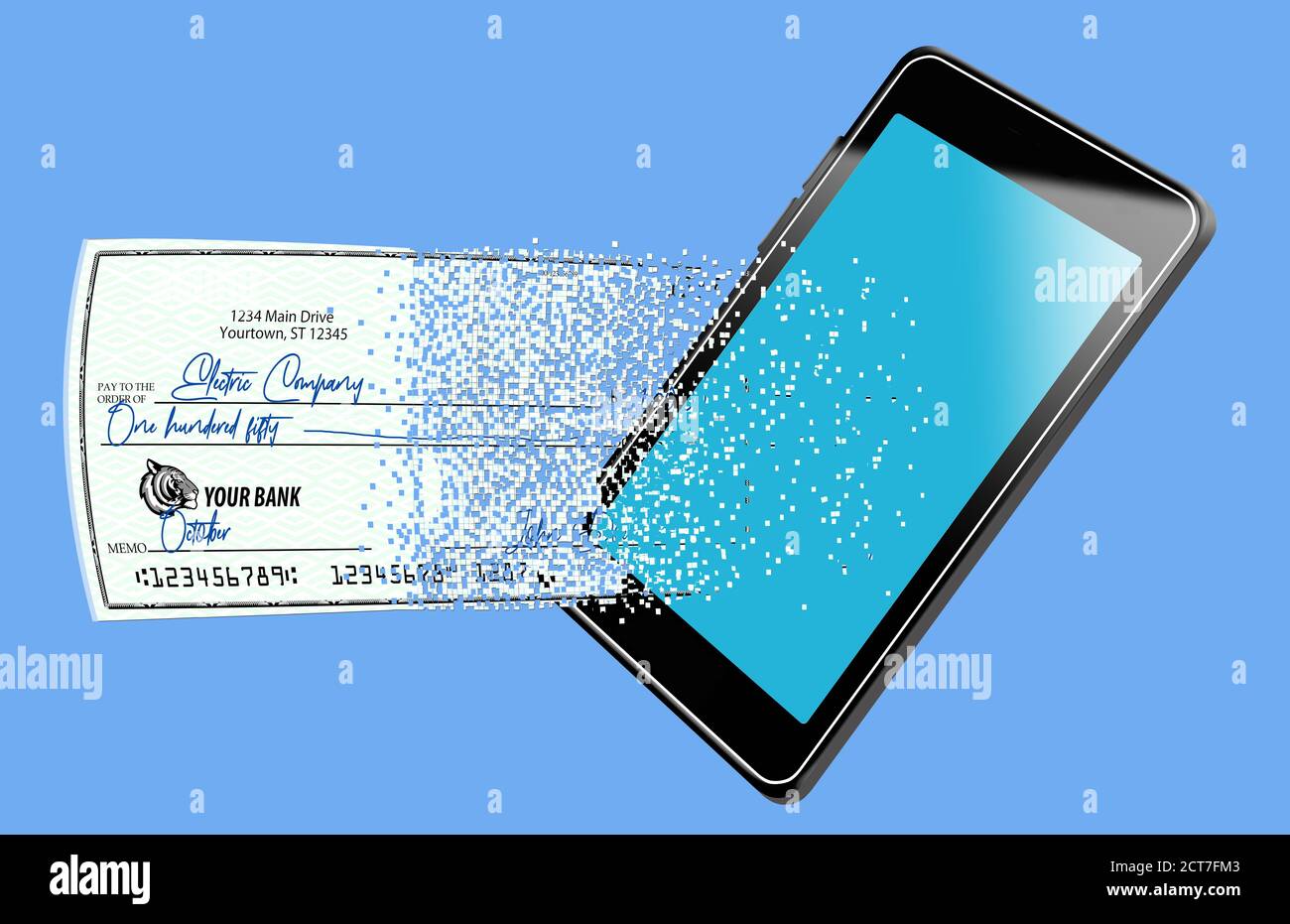 A check to pay a bill is seen breaking into pixels as it moves ...