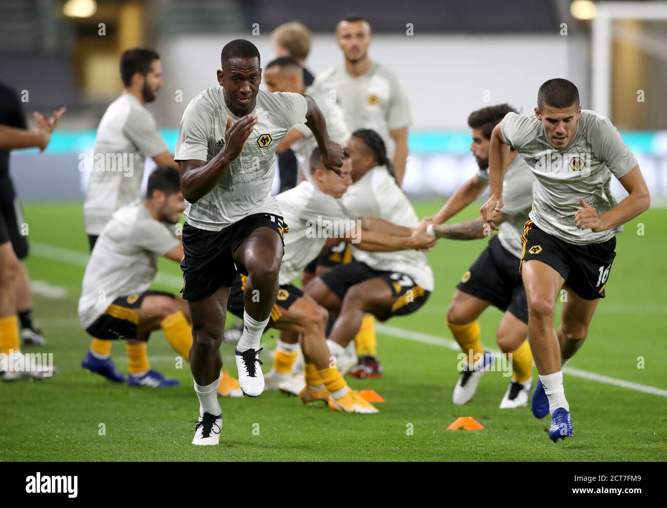Wolverhampton Wanderers' Willy Boly (left) and Conor Coady warming up ...