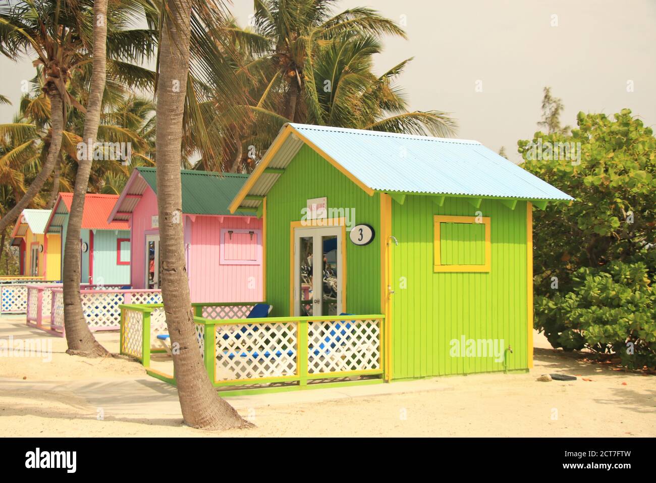 Colorful cabanas on the beach in Princess Cays Stock Photo - Alamy