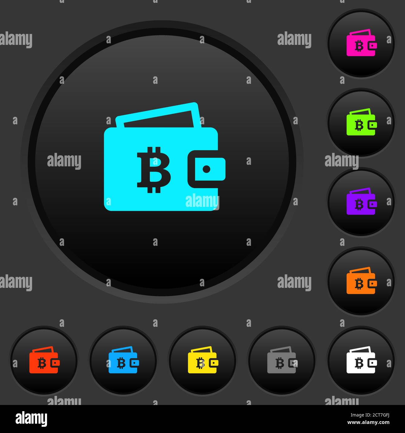 Bitcoin wallet dark push buttons with vivid color icons on dark grey ...