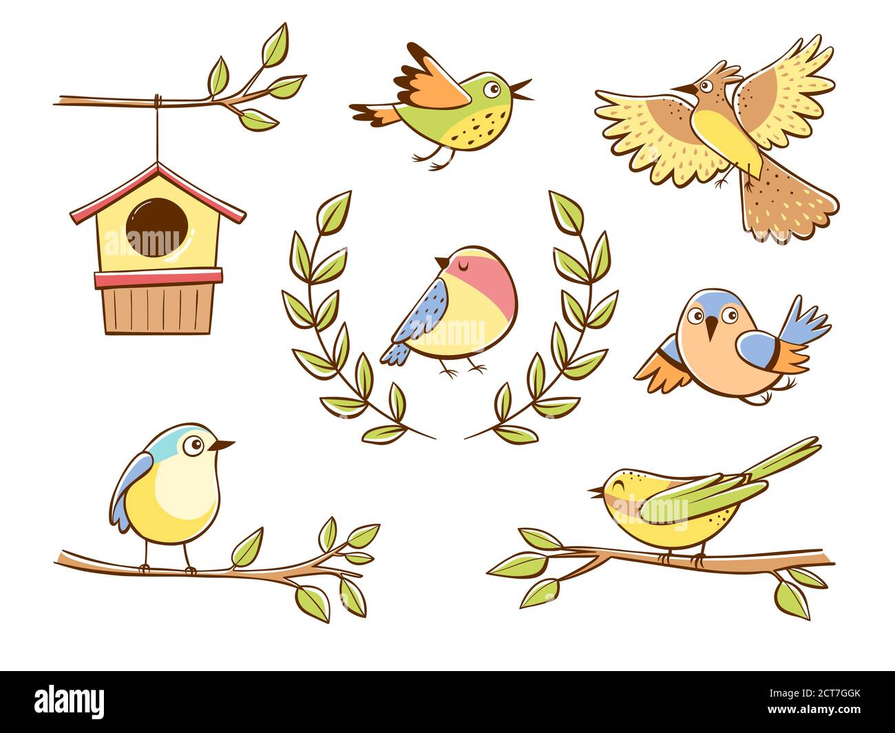 Colorful cute bird icons and decoration elements, isolated on white ...