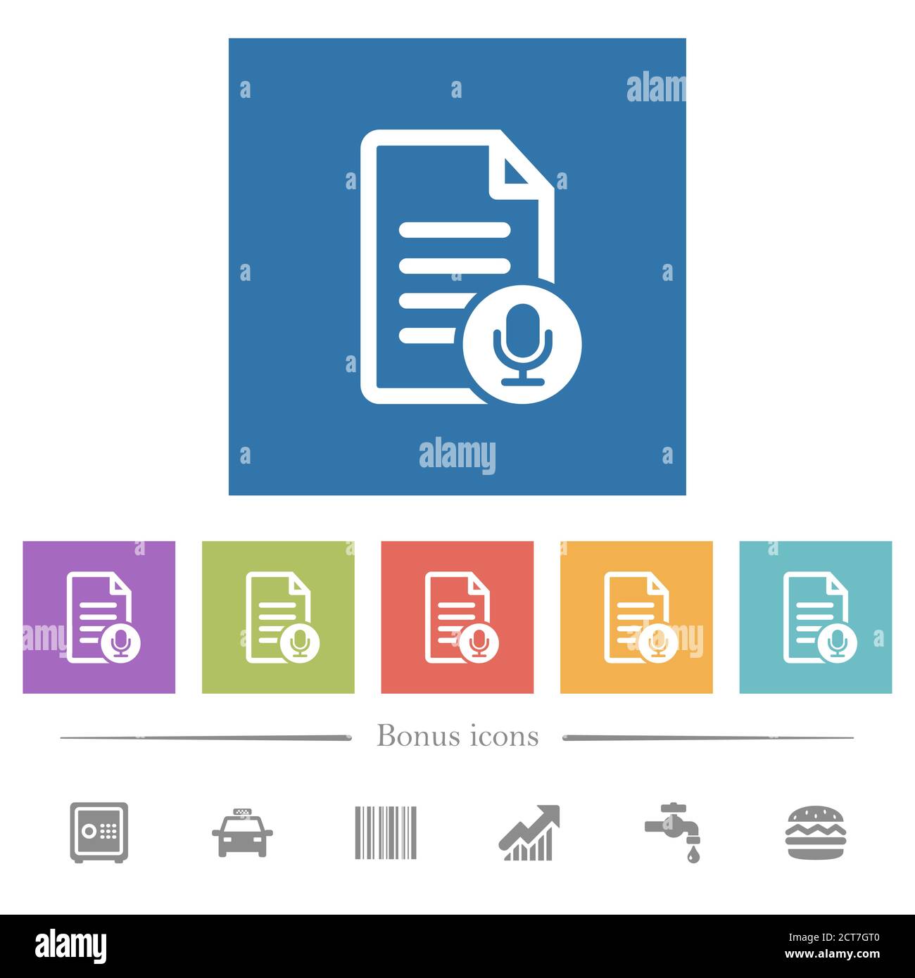 Voice document flat white icons in square backgrounds. 6 bonus icons ...
