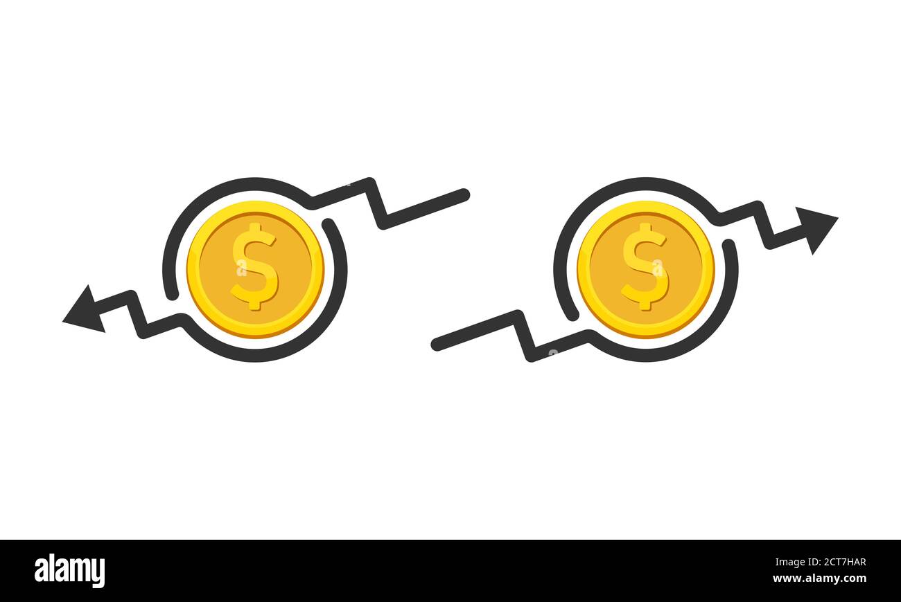 Dollar rate decrease and increase. Coin icon. Money arrow up and down. Cost reduction. Vector on ...