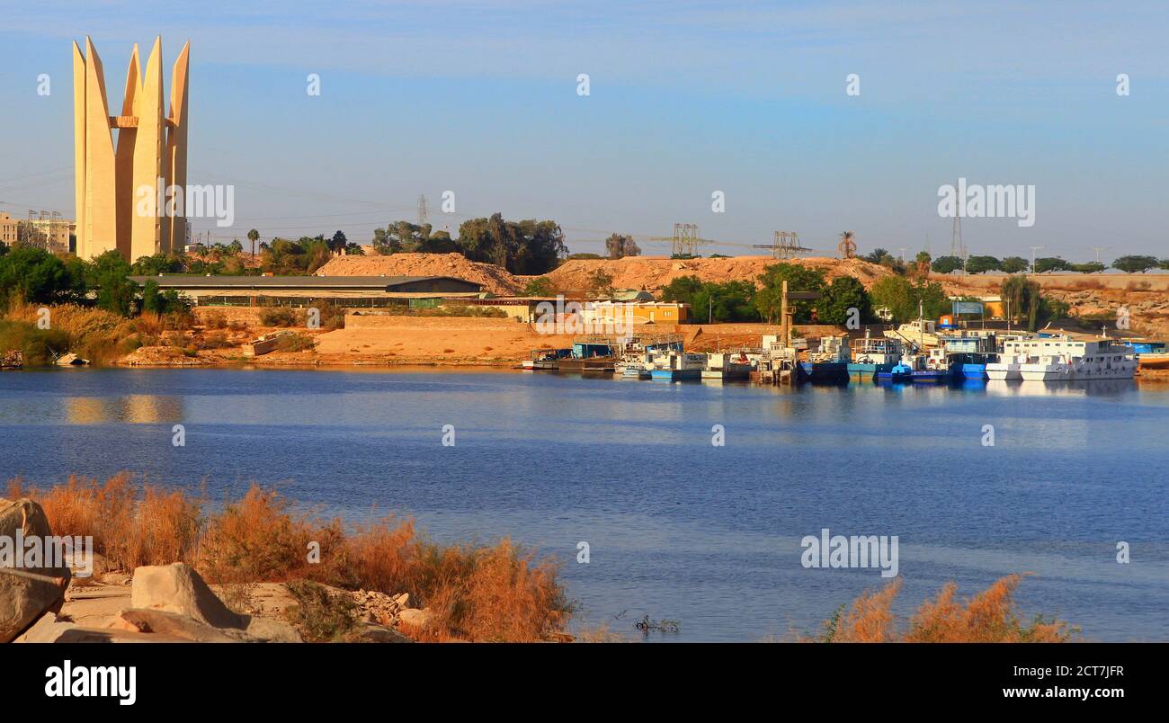 Aswan, Egypt 2015. Aswan Lotus Tower.The Aswan High Dam, is an ...
