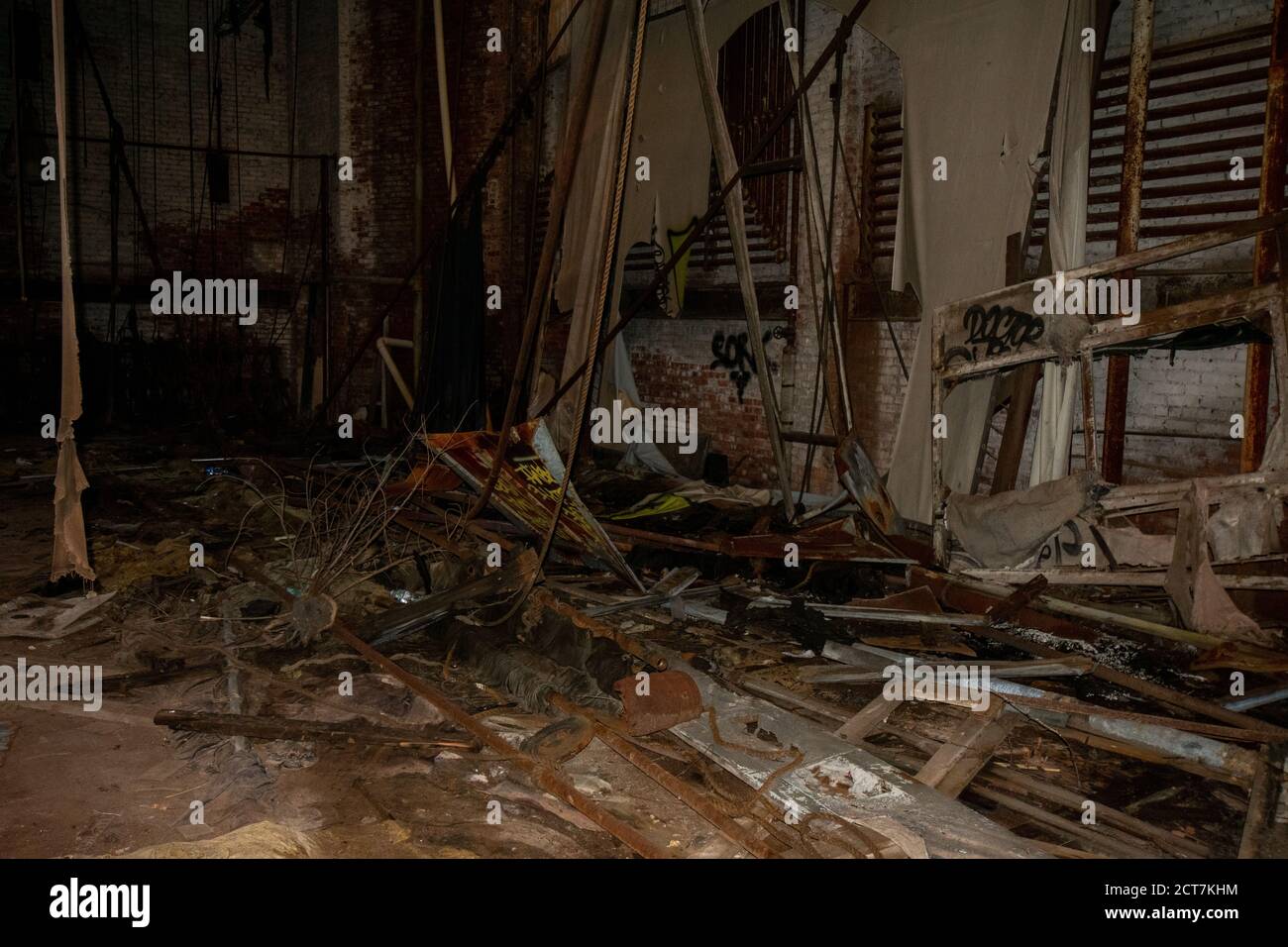 A Theatre Stage in an Abandoned Building Covered in Trash and Debris ...