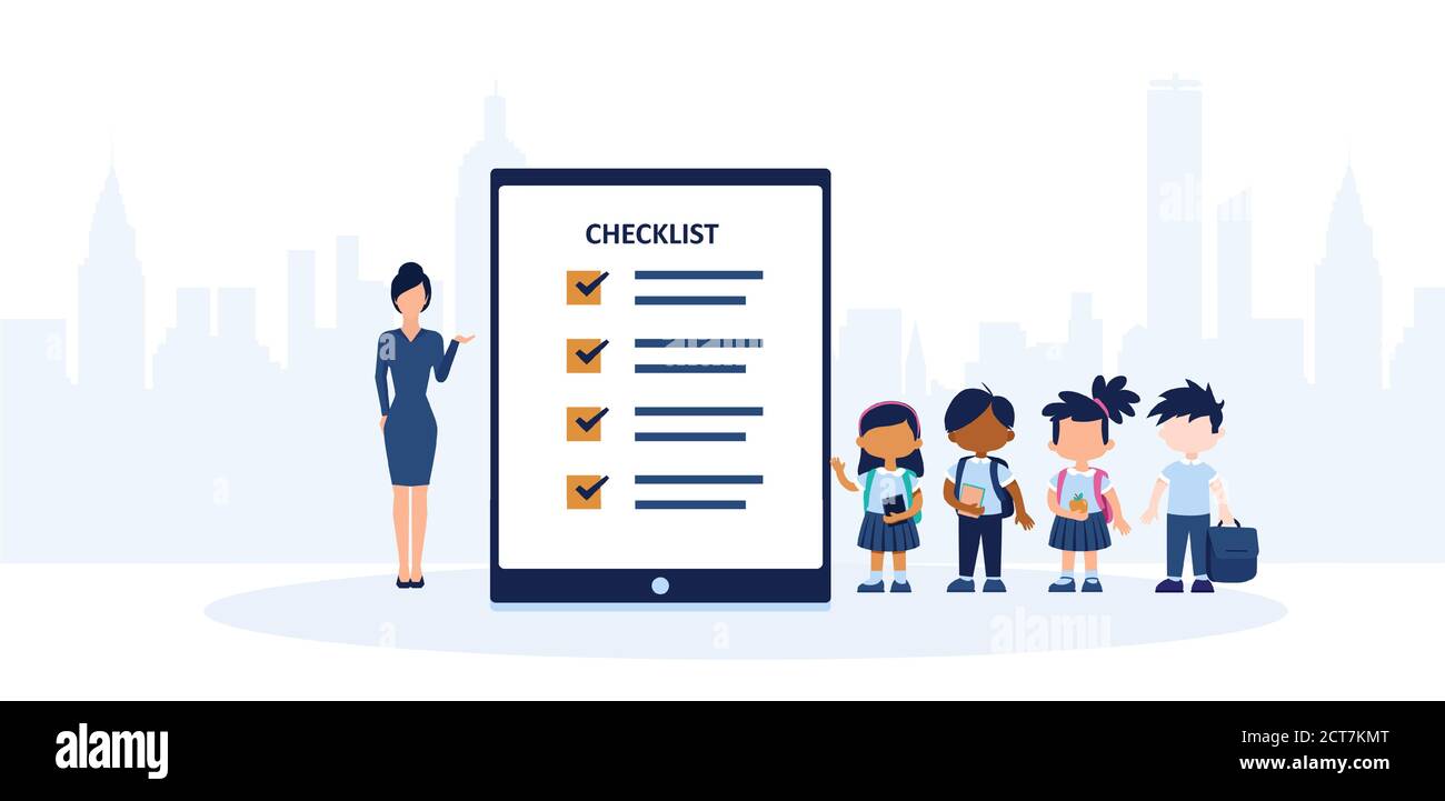 Vector of a teacher and a group of students standing by a checklist or ...