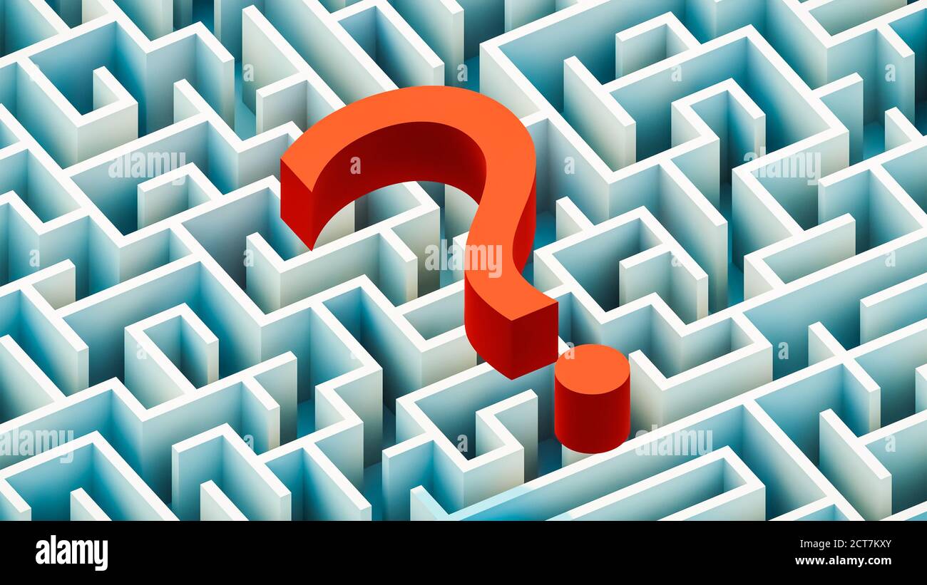 Red question mark over a blue rectangular maze or labyrinth 3D ...