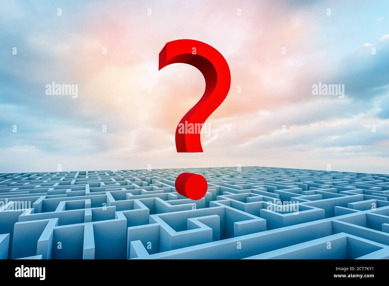 Red question mark over a blue maze against an evening sky. 3D rendering ...