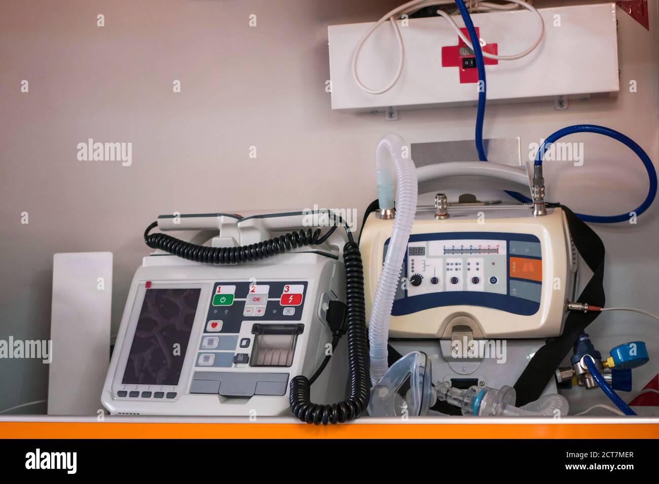 Inside an ambulance with medical equipment, close up shot Stock Photo ...