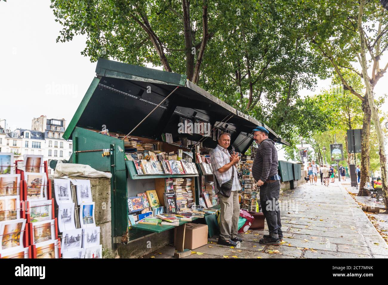 View of Bouquiniste booth stall by the Seine river across from Notre ...