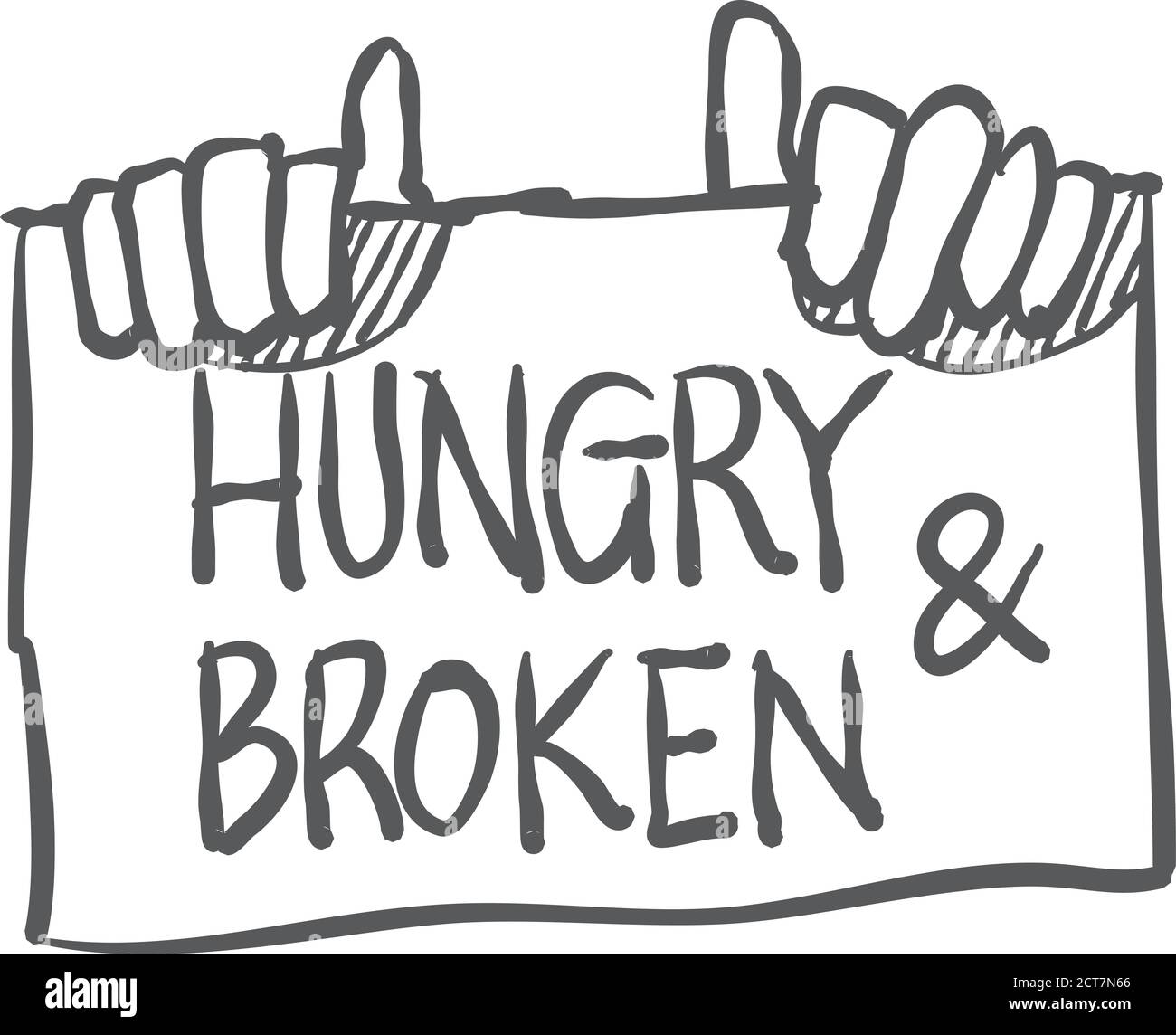Hand holding sign icon in sketch style. Hungry and broken. Vector ...