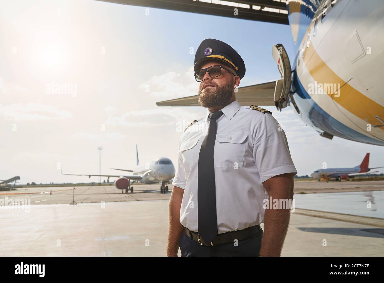 Confident pilot posing next to the plane in the airport Stock Photo - Alamy