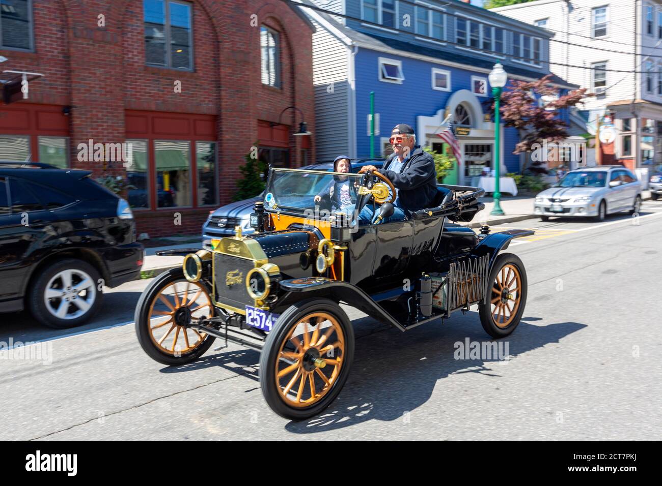 Vintage Ford model T driving along Bay View St, Camden, Maine, USA ...