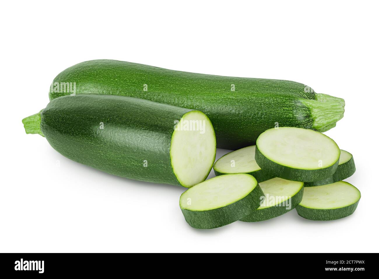 Fresh whole and sliced zucchini isolated on white background with ...