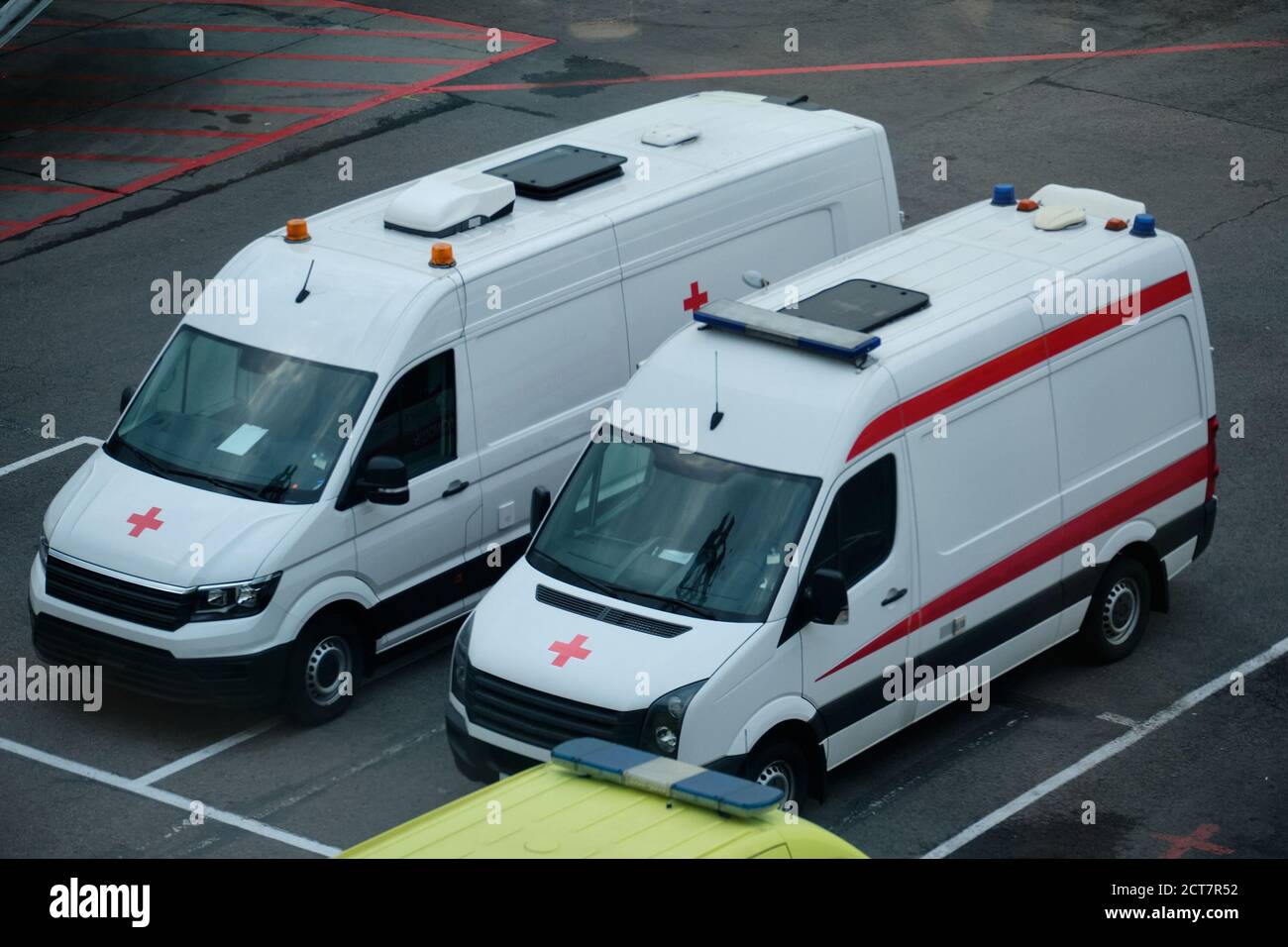 Two white ambulances parked. Medicine service vehicles Stock Photo - Alamy