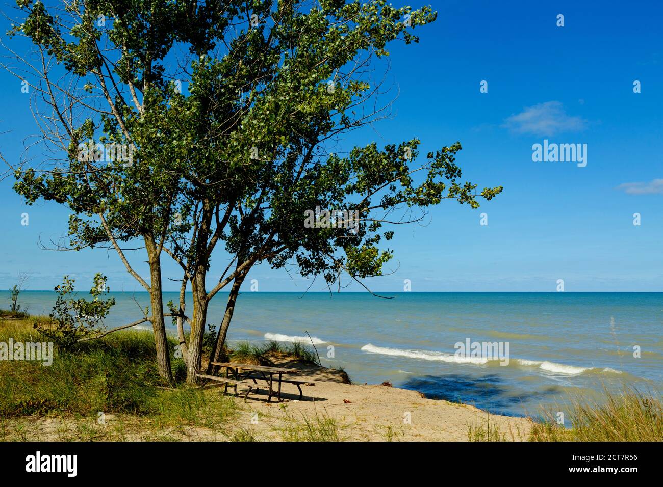 Picnic table on shoreline of Lake Huron Pinery Provincial Park. Grand ...