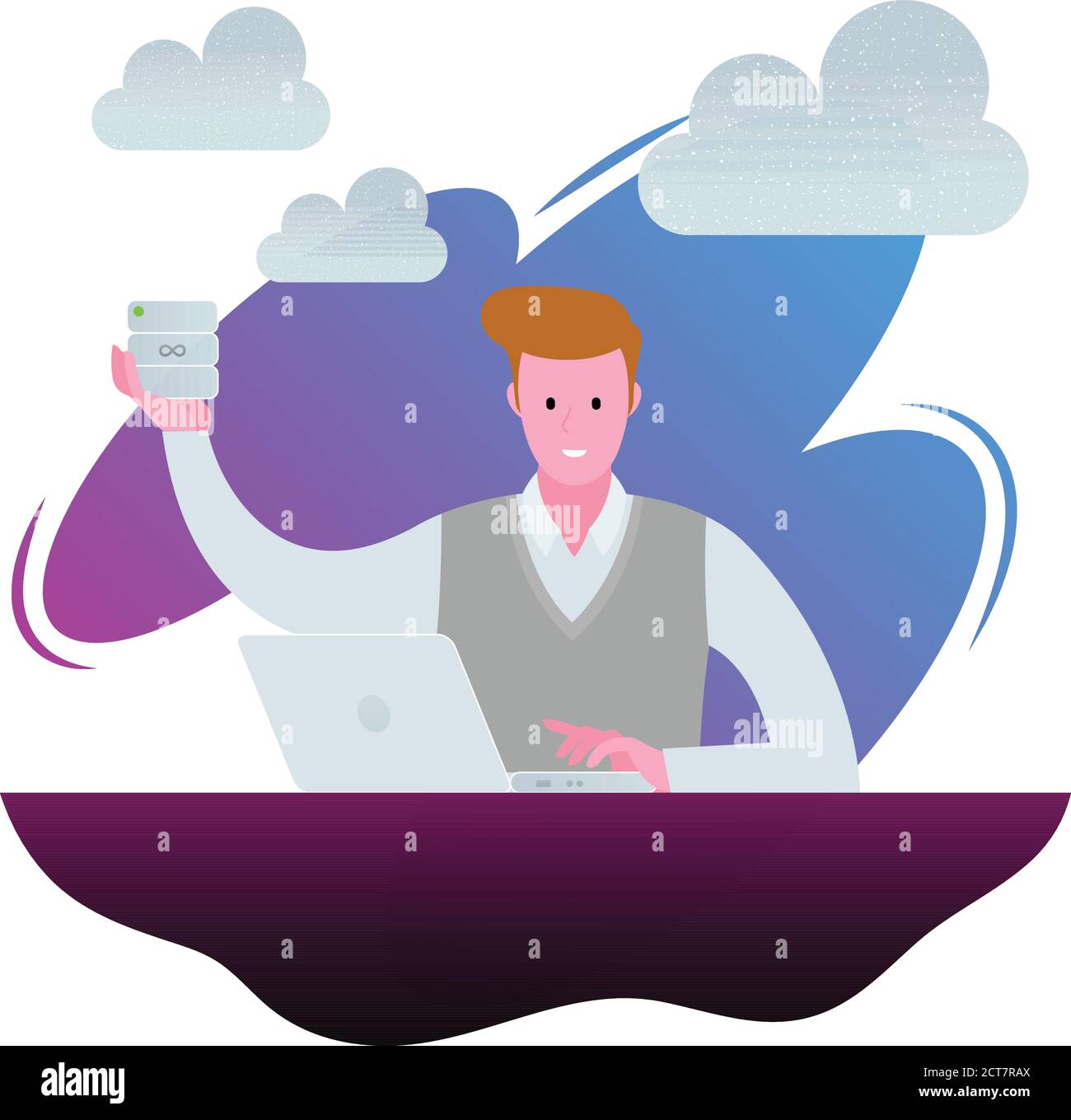 Unlimited cloud storage concept. Businessman holding computer hard disk ...