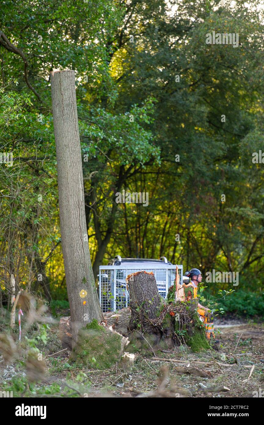 Harefield, Middlesex, UK. 21st September, 2020. An HS2 contractor sits ...