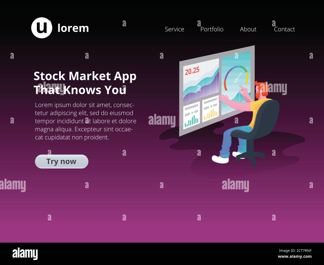 Website page template with illustration. Man working with charts in ...