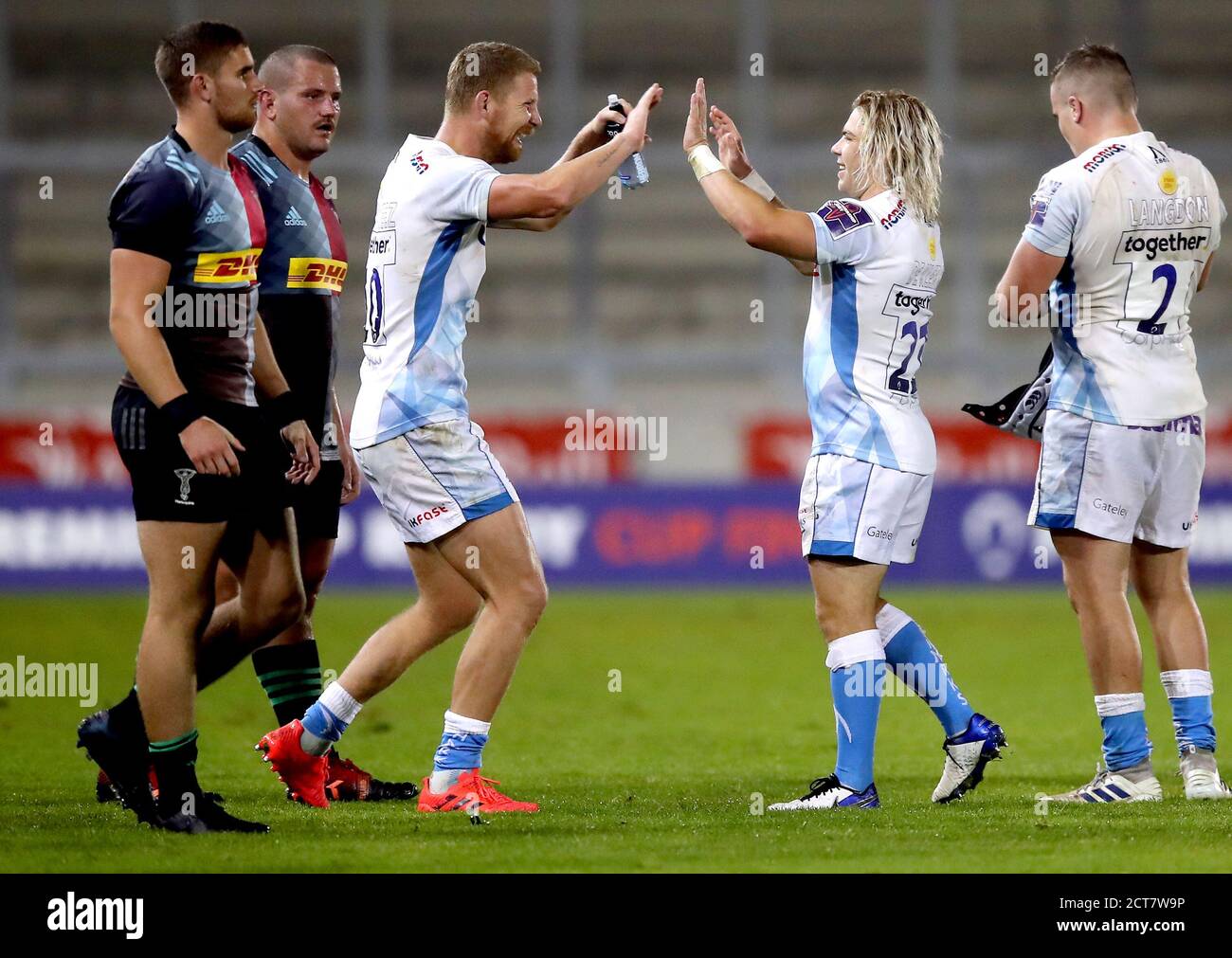 Sale Sharks' Faf de Klerk (second right) celebrates with teammate Rob ...