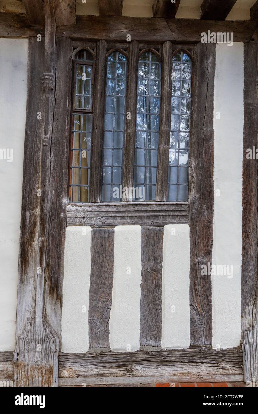 Close up of a window detail on a half timbered corner house in Lavenham ...