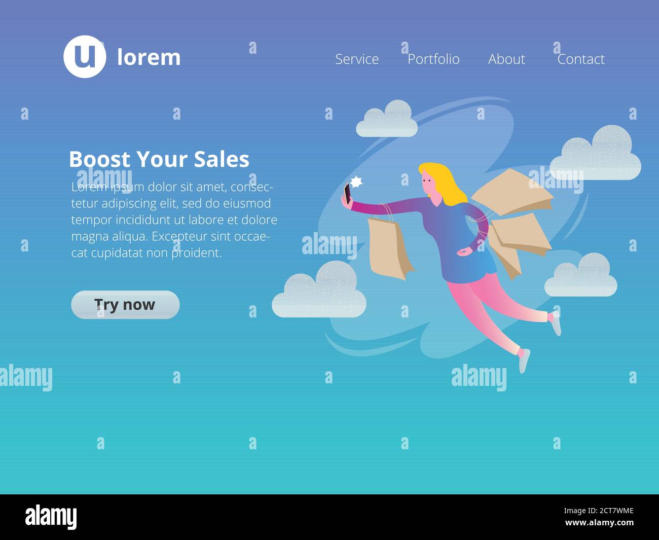 Website page template with illustration. Flying woman holding shopping ...