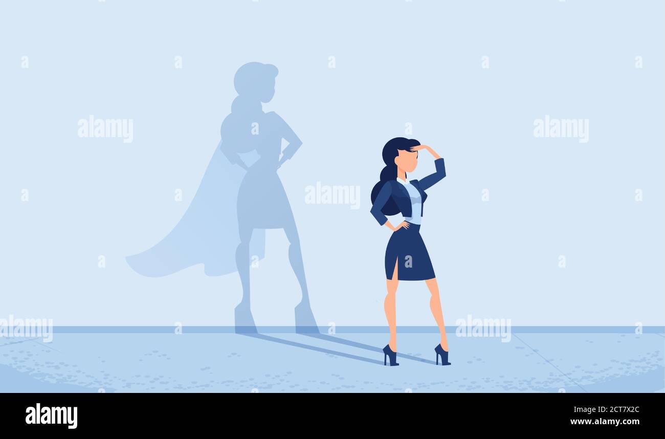 Vector of a young business woman imagining to be a super hero looking ...