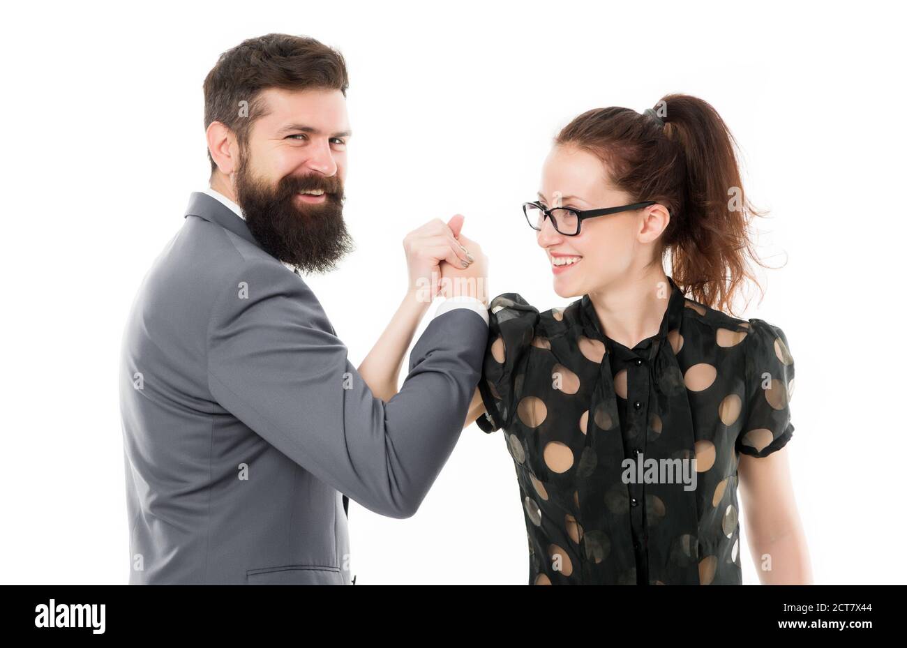 Strong team. Couple colleagues man with beard and pretty woman on white ...