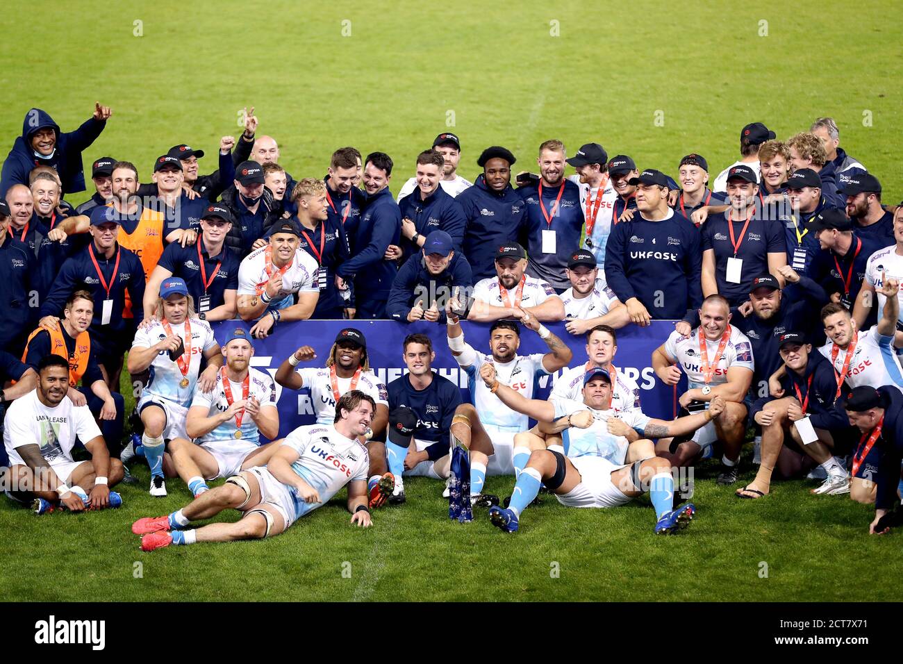 Sale Sharks players and staff members celebrate after winning the ...