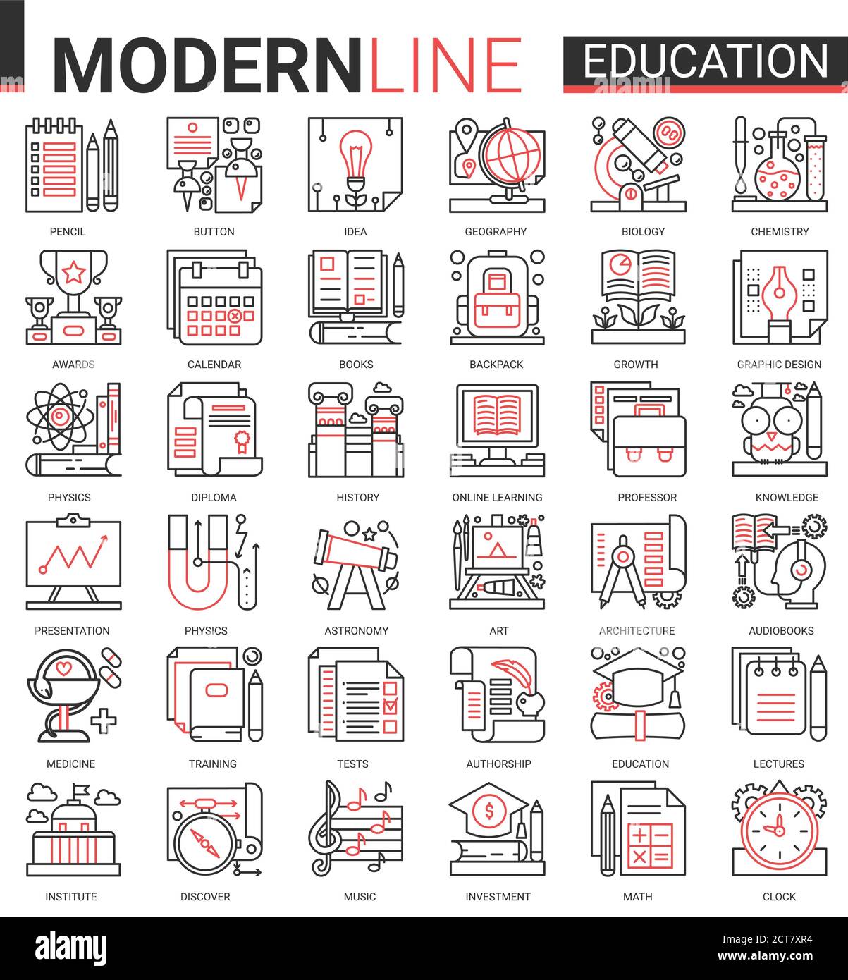 Education complex concept thin red black line icon vector set with ...