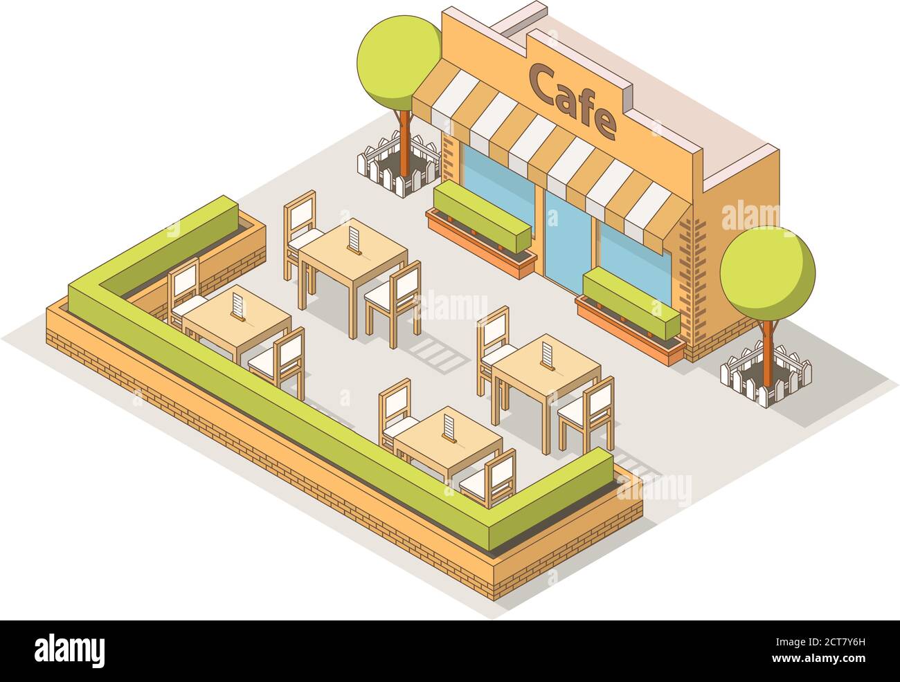 Isometric street cafe interior,tables and chairs,trees.Infographic ...