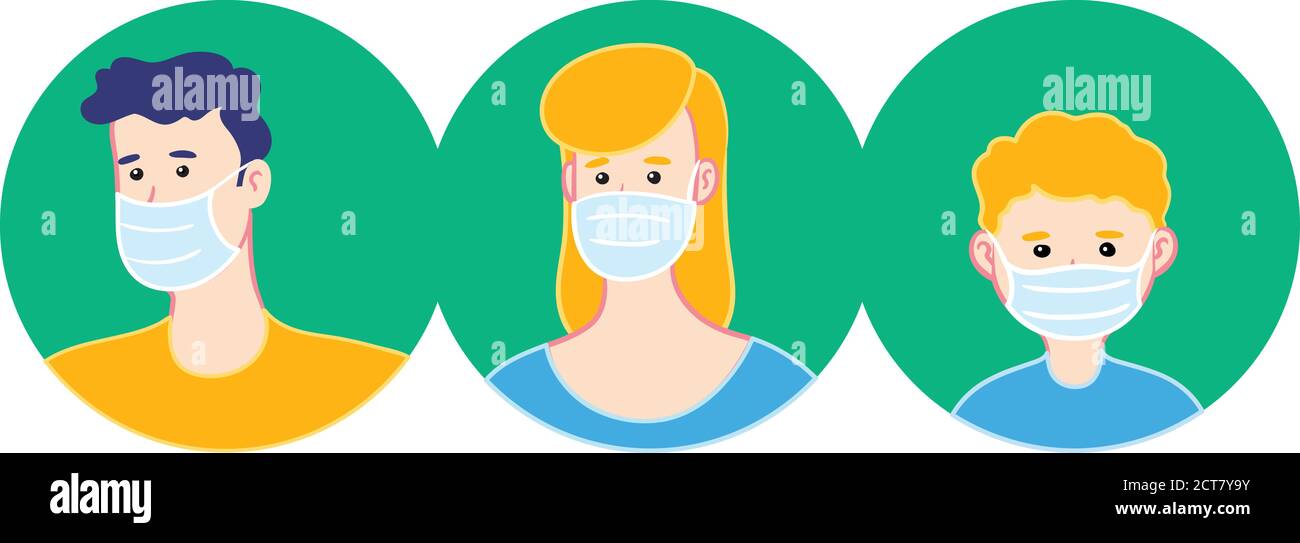 Family wears face masks. Virus transmission prevention. Smog protection ...