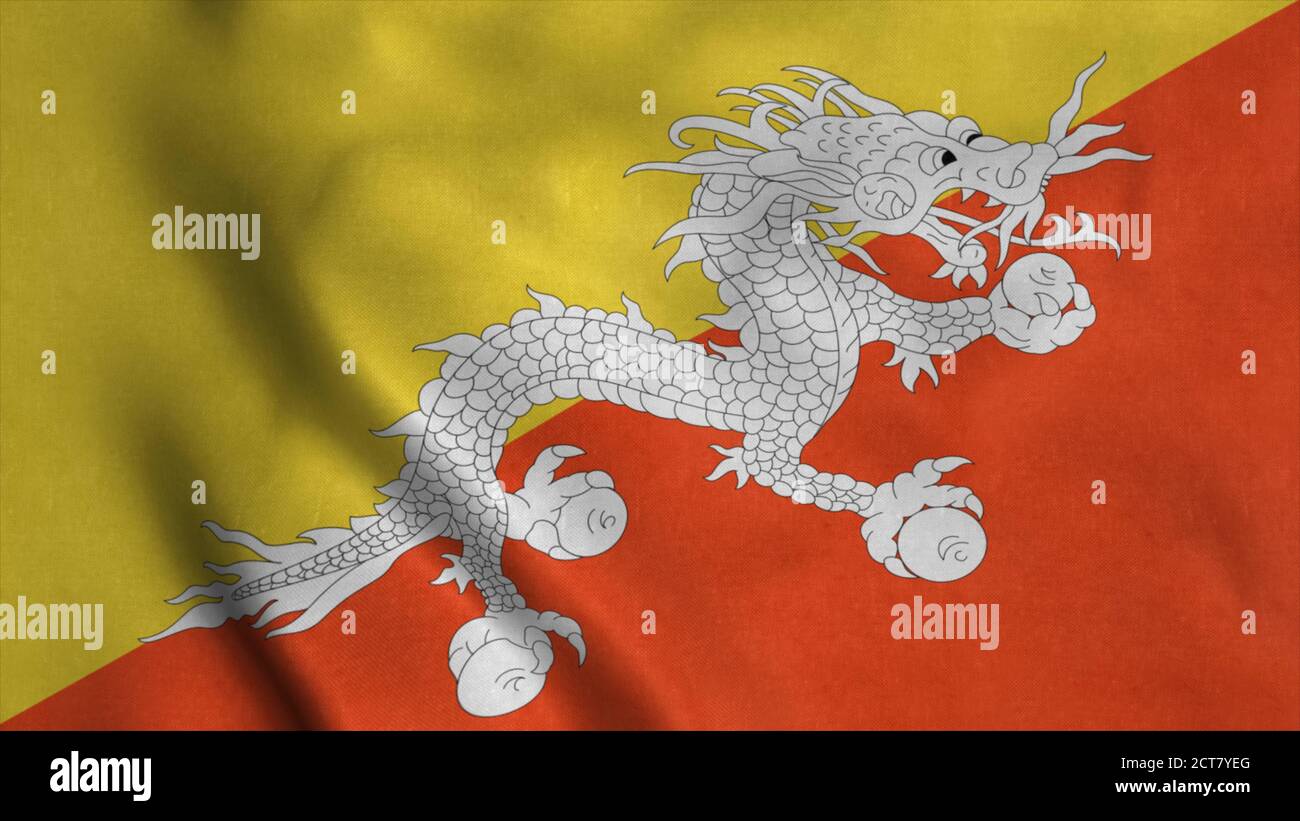 Bhutan flag waving in the wind. National flag Kingdom of Bhutan. 3d ...