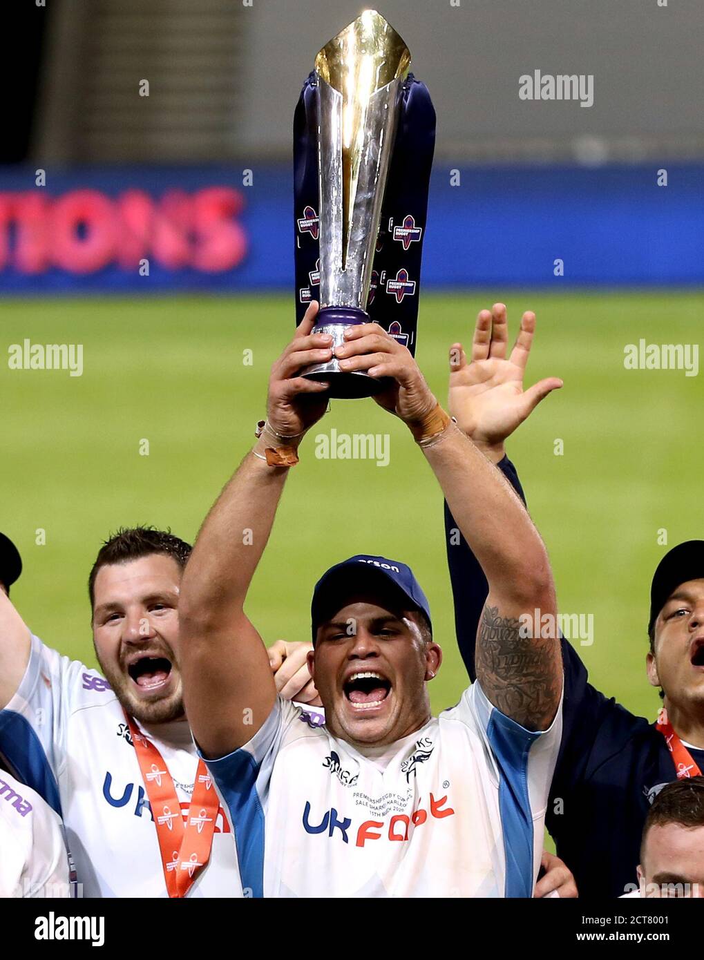 Sale Sharks' Jono Ross lifts the trophy as he celebrates winning the ...