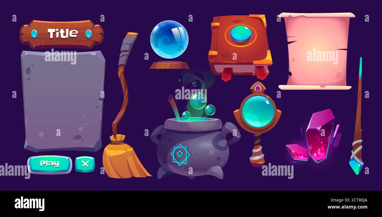 Magic game interface cartoon elements set. Crystal gem and globe, witch ...