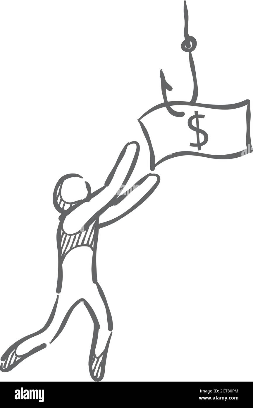 Man chasing dollar bait icon in sketch style. Vector illustration Stock ...