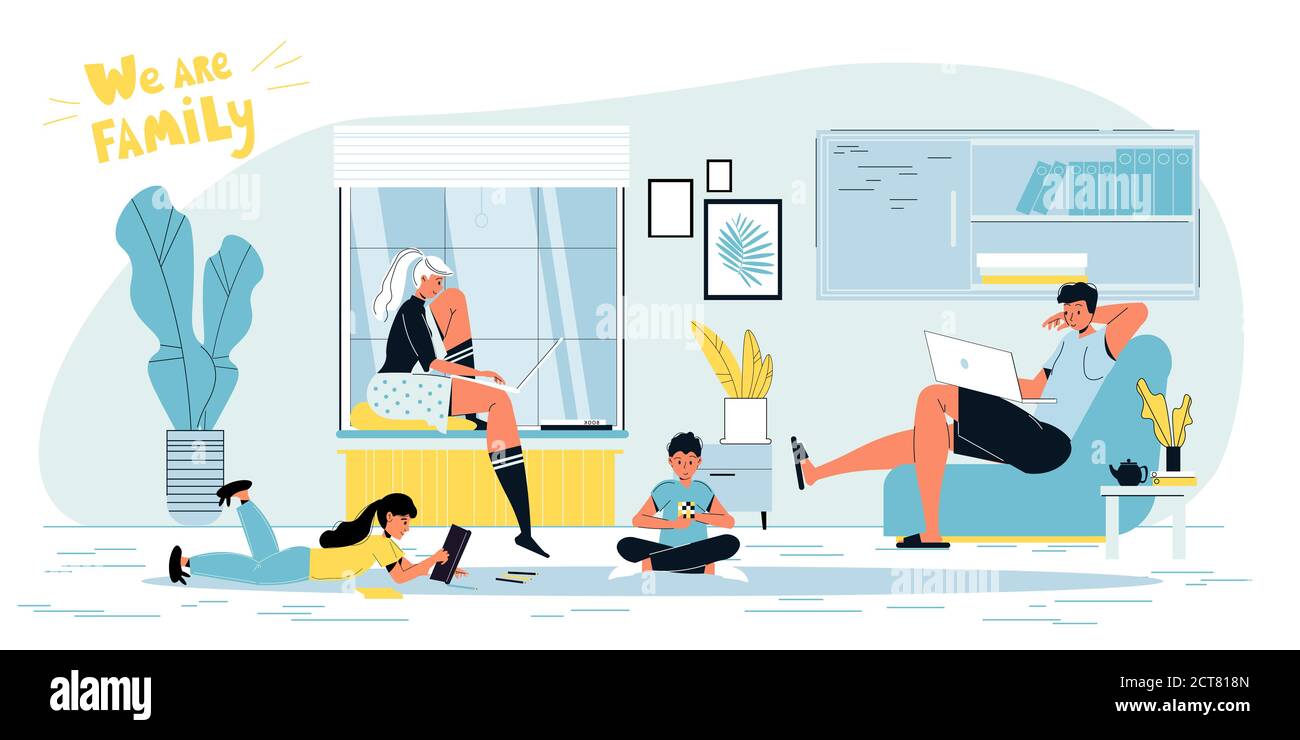 Happy freelancer parent working, children playing Stock Vector Image ...