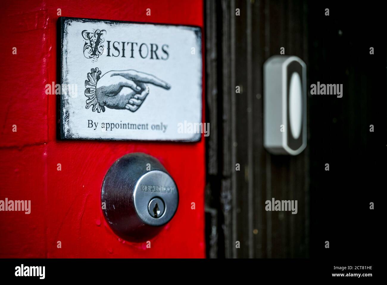 Visitors, By Appointment only, Sign pointing to doorbell Stock Photo ...