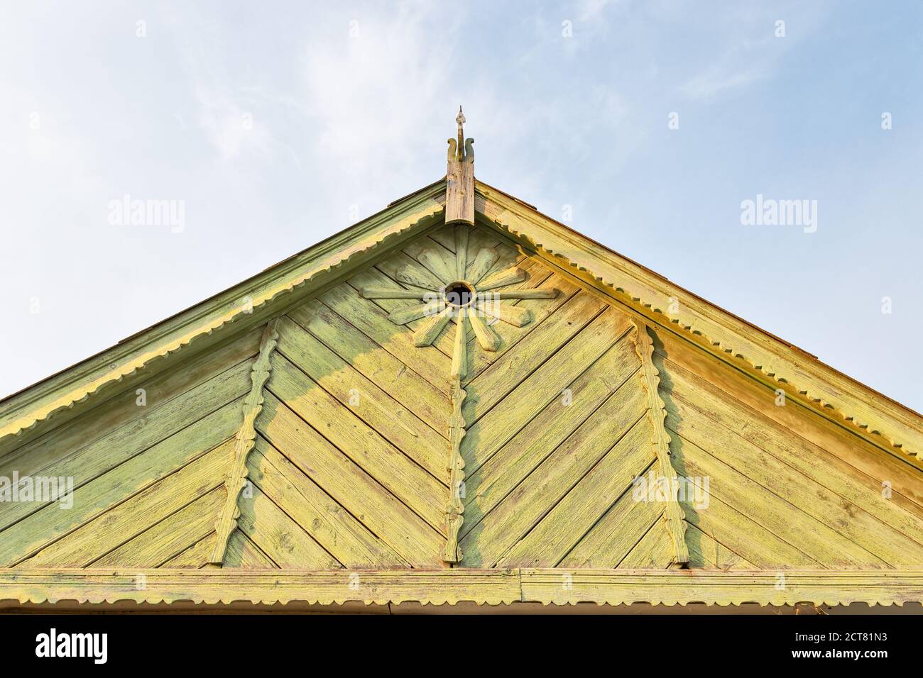 Beautiful wooden decoration on the traditional fronton house in Danube ...