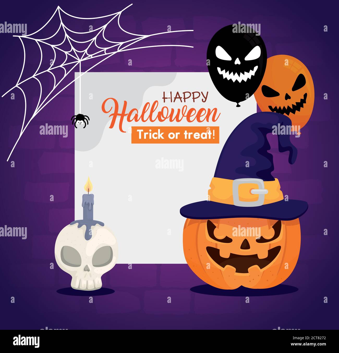 happy halloween banner with pumpkins, skull, scary balloons helium and ...