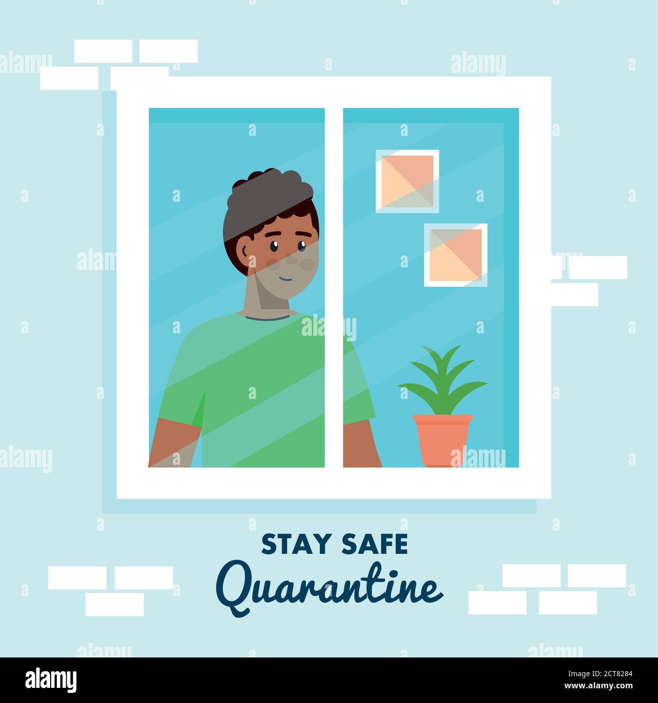 stay home, quarantine or self isolation, house facade with window and ...