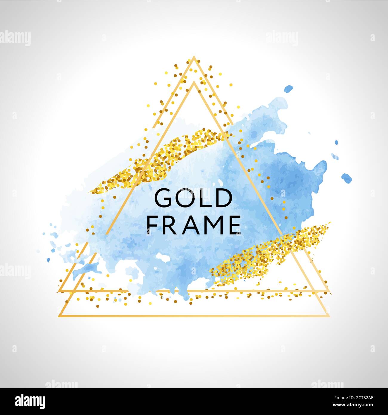 Pastel blue watercolor spots and gold lines. Gold round contour frame ...
