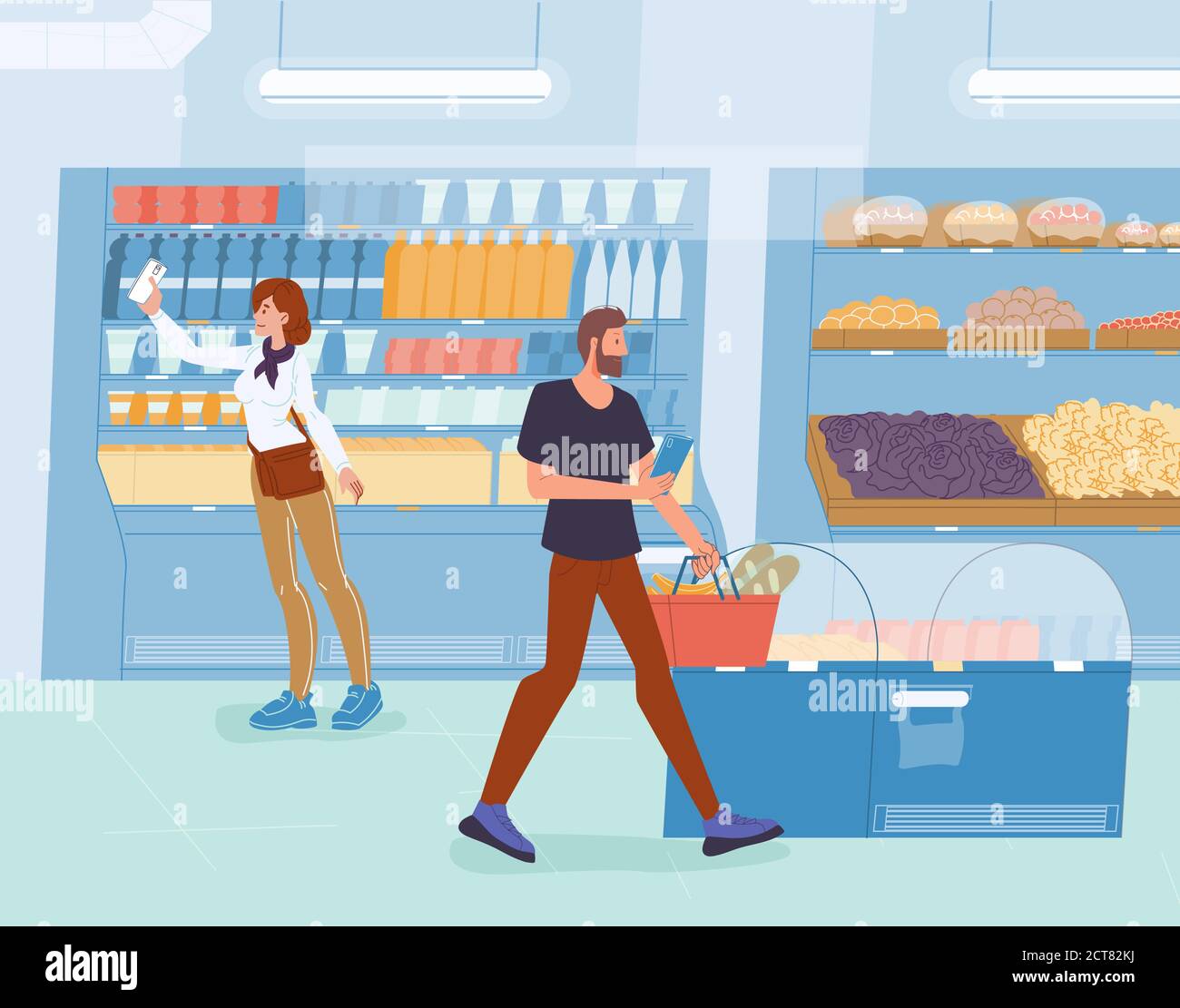 People using smartphone purchasing at grocery store Stock Vector Image ...