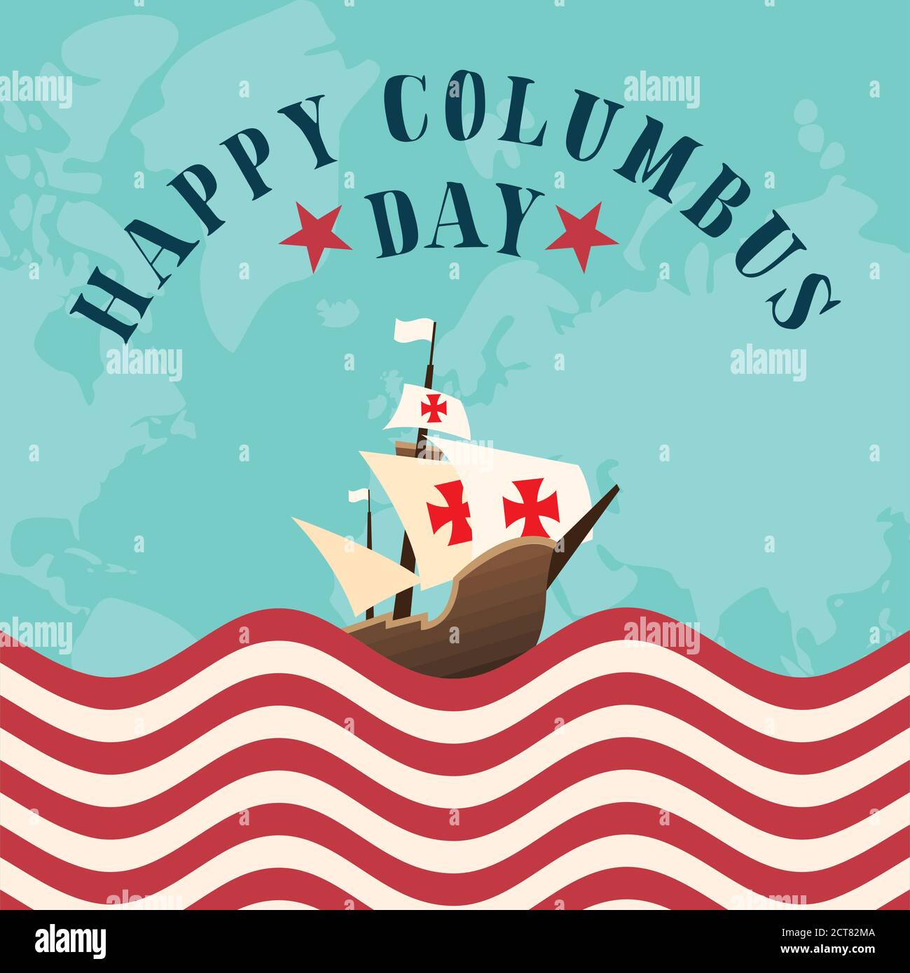 Columbus ship on usa flag with map design of happy columbus day america ...